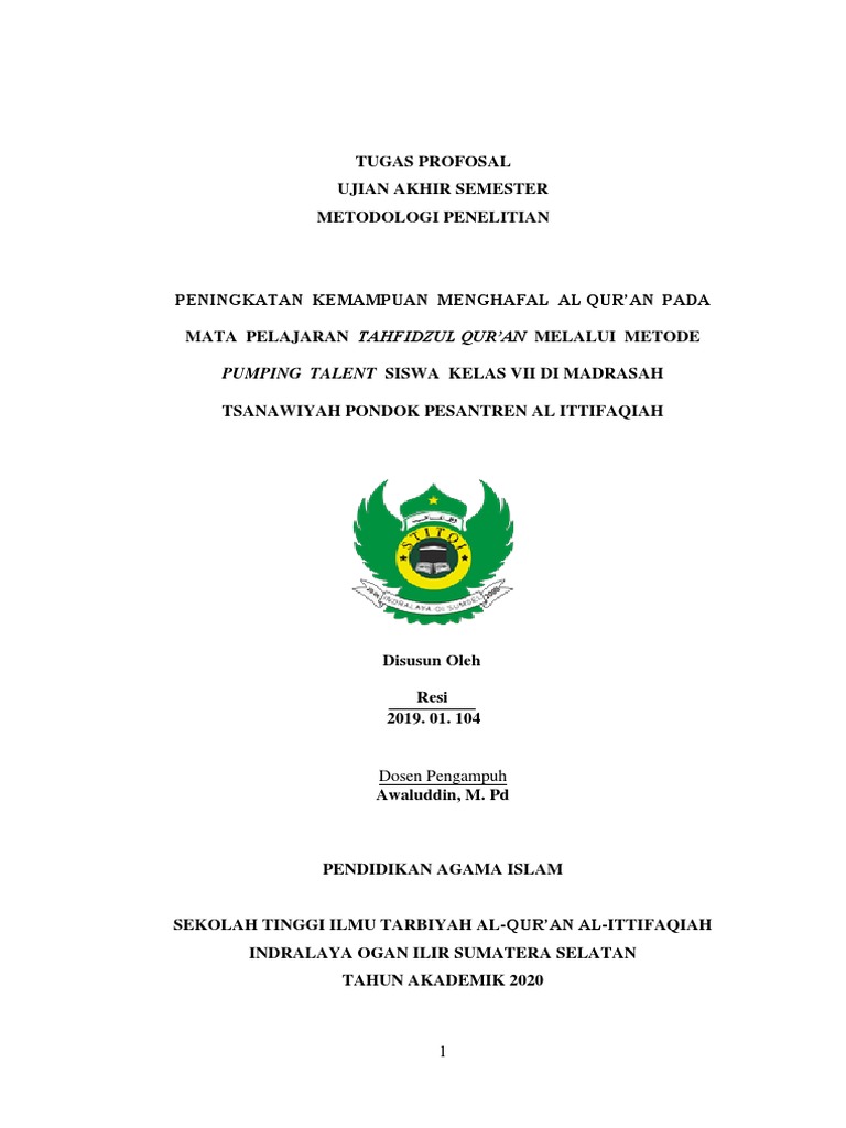 Tugas Uas Proposal Metodologi Penelitian Resi Pai Iii (B) Nim 2019. 01. 104 Dosen Awaluddin, M ...