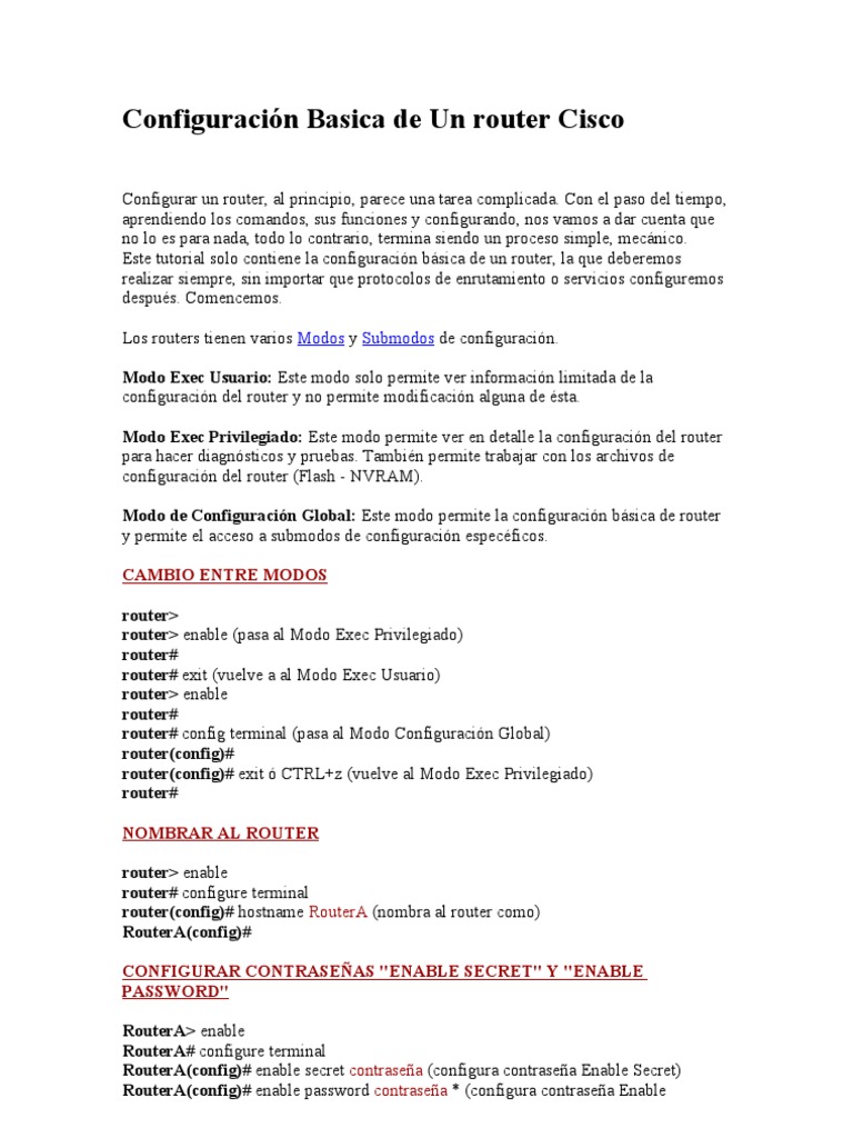 Configuración Basica de Un Router Cisco | PDF | Enrutador (Computación) | Dirección IP