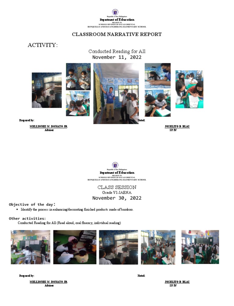 Classroom Narrative Report: Reading Activity | PDF