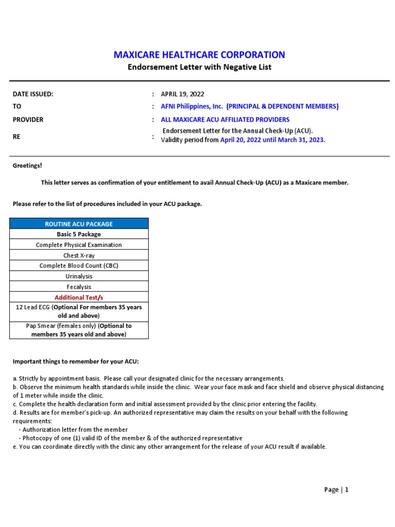 Ape Endorsement Letter | PDF | Physical Examination | Health Sciences