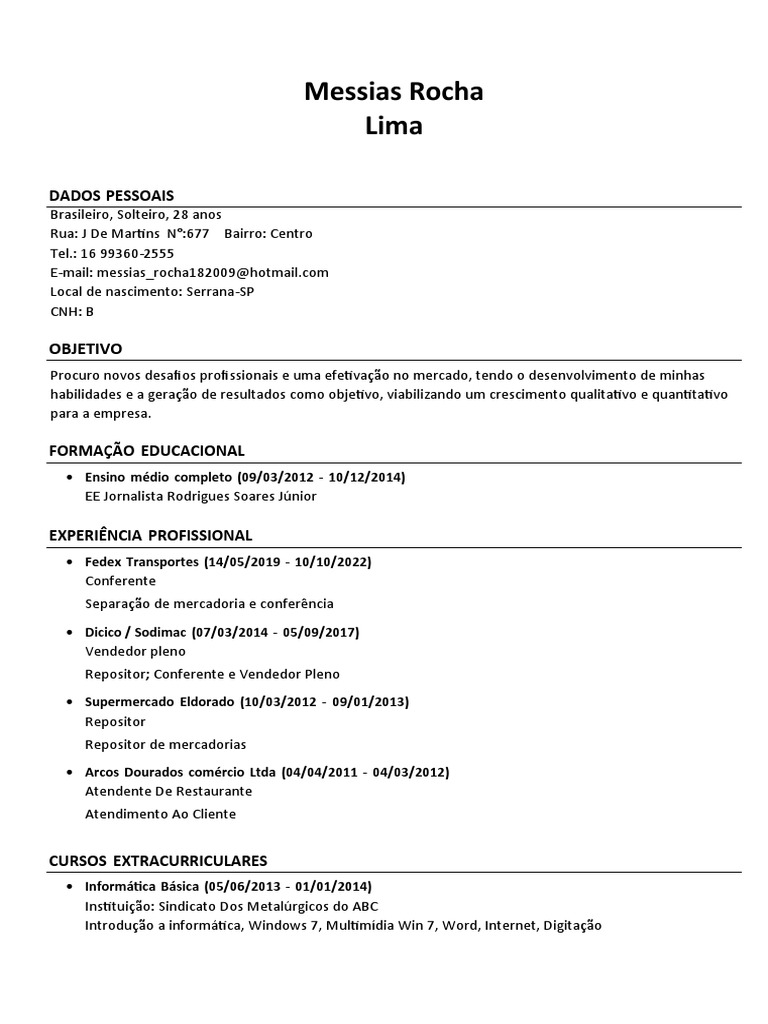 CV Messias Rocha Lima | PDF | Carreira e Crescimento