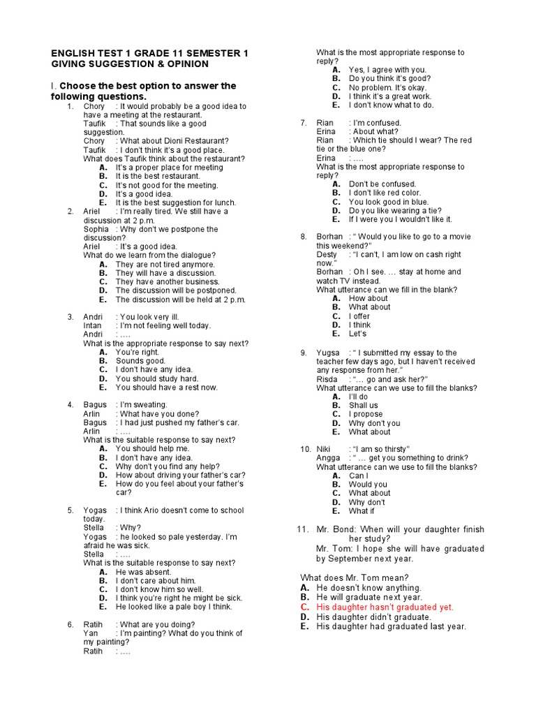 ENGLISH TEST 1 GRADE 11 SEMESTER 1 Giving Opinion Edit | PDF