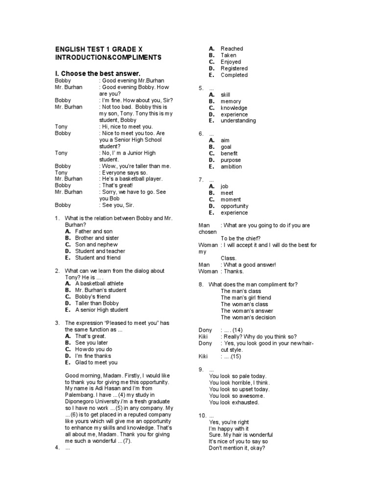 ENGLISH TEST 1 GRADE X Introducing&compliments | PDF | Sports & Recreation