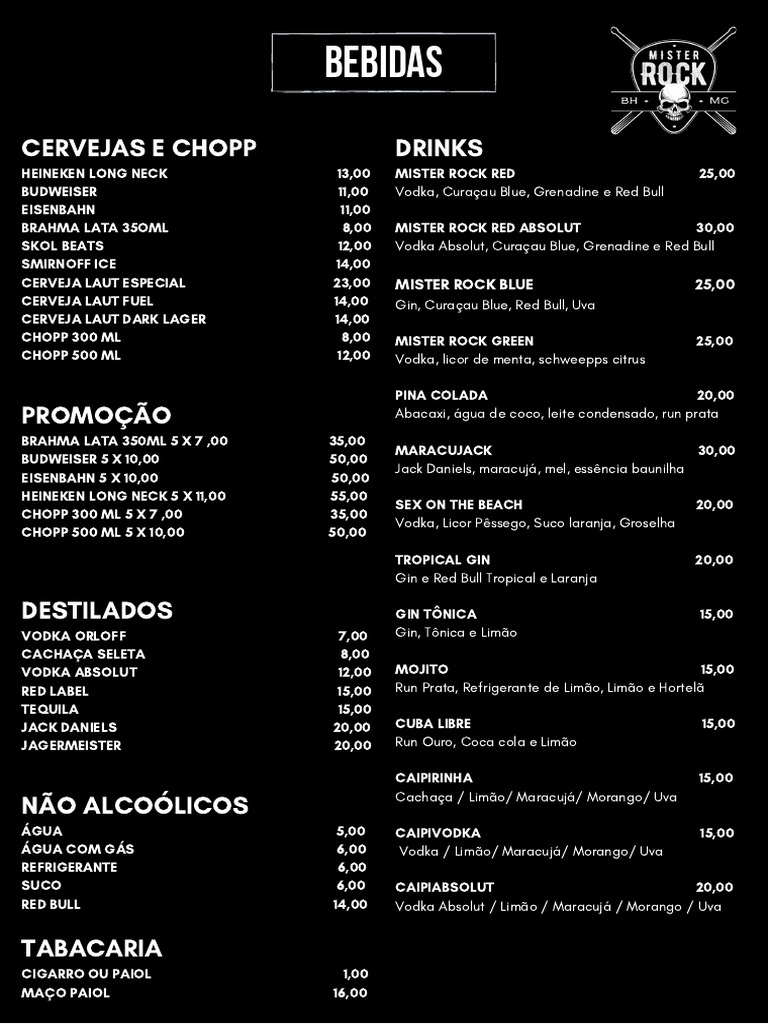 Cardapio Mister Rock Preto 1 | PDF | Destilação | Comidas e bebidas