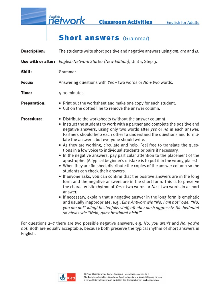 Short Answers Grammar Worksheet | PDF | Human Communication | Communication