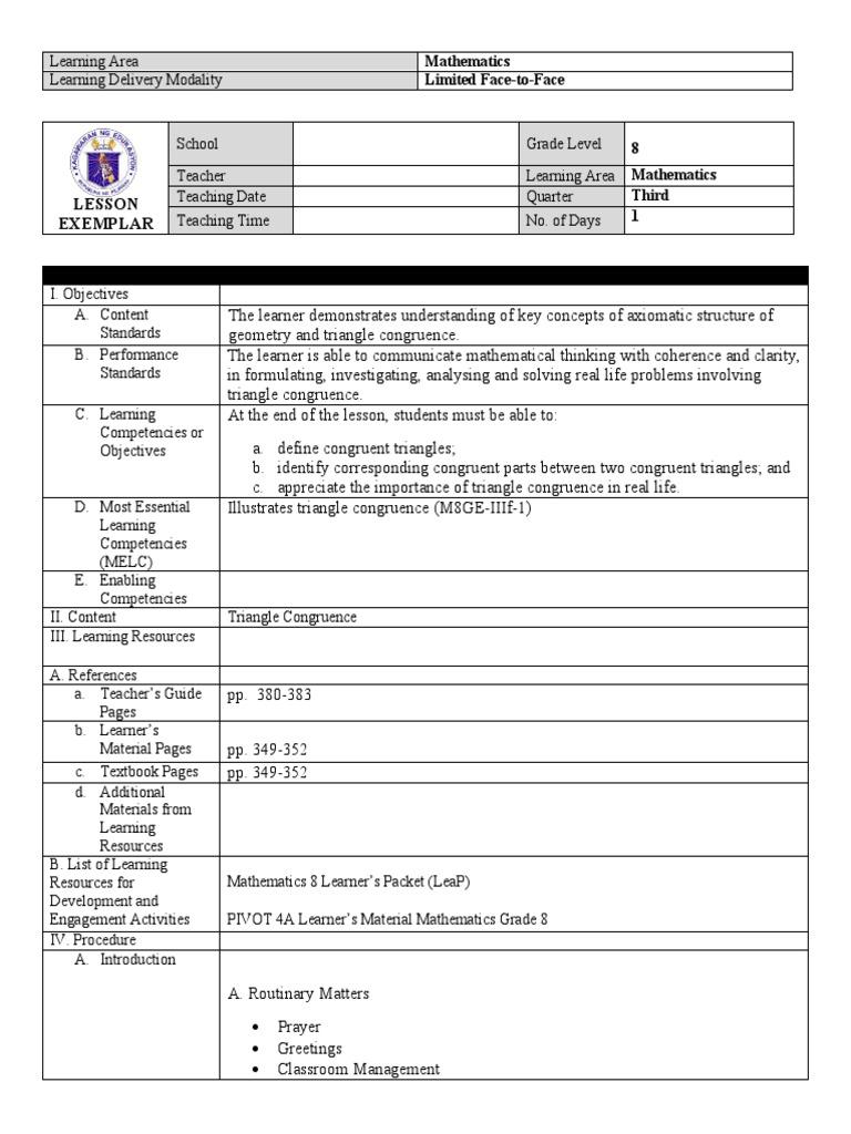 Lesson Exemplar - COT1 1 | PDF | Triangle | Teaching Method