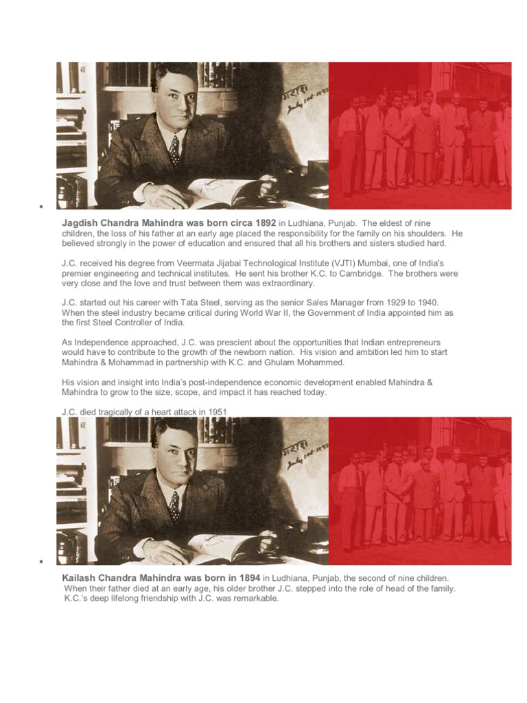 Jagdish Chandra Mahindra Was Born Circa 1892 | PDF