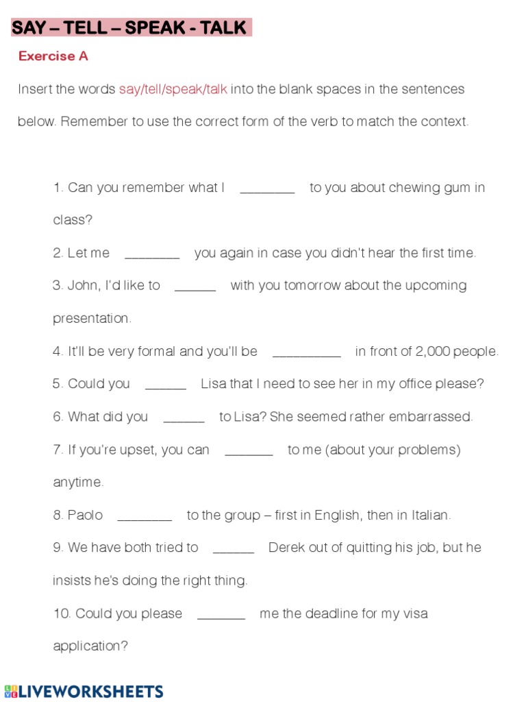 Say, Tell, Speak, Talk Exercises | PDF