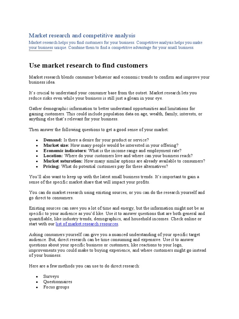 Market Research and Competitive Analysis | PDF | Marketing Research | Market (Economics)