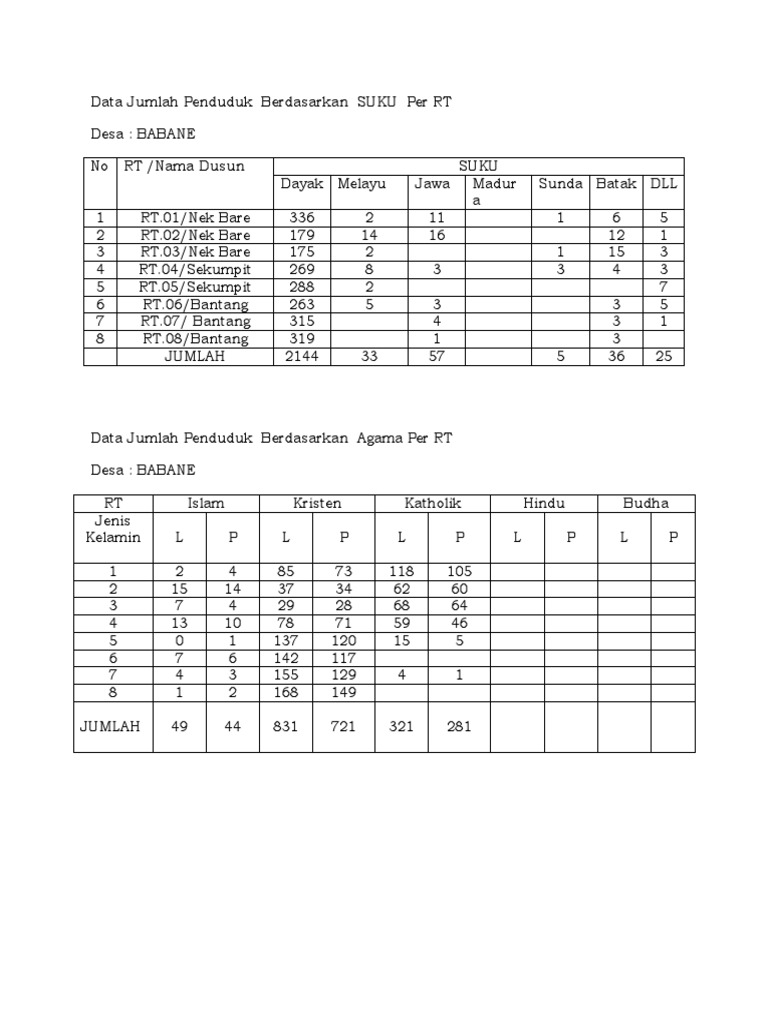 Data Jumlah Penduduk Berdasarkan SUKU Per RT | PDF