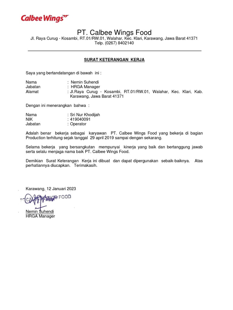 Surat Keterangan Kerja PT Calbee Karawang | PDF