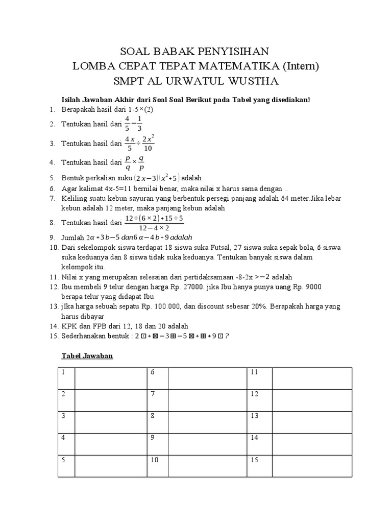SOAL Penyisihan LCTM SMP | PDF | Metode & Bahan Ajar