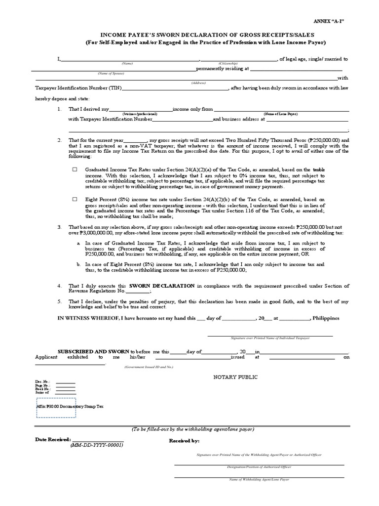 Sworn Declaration for Income Tax Compliance | PDF | Income Tax | Withholding Tax