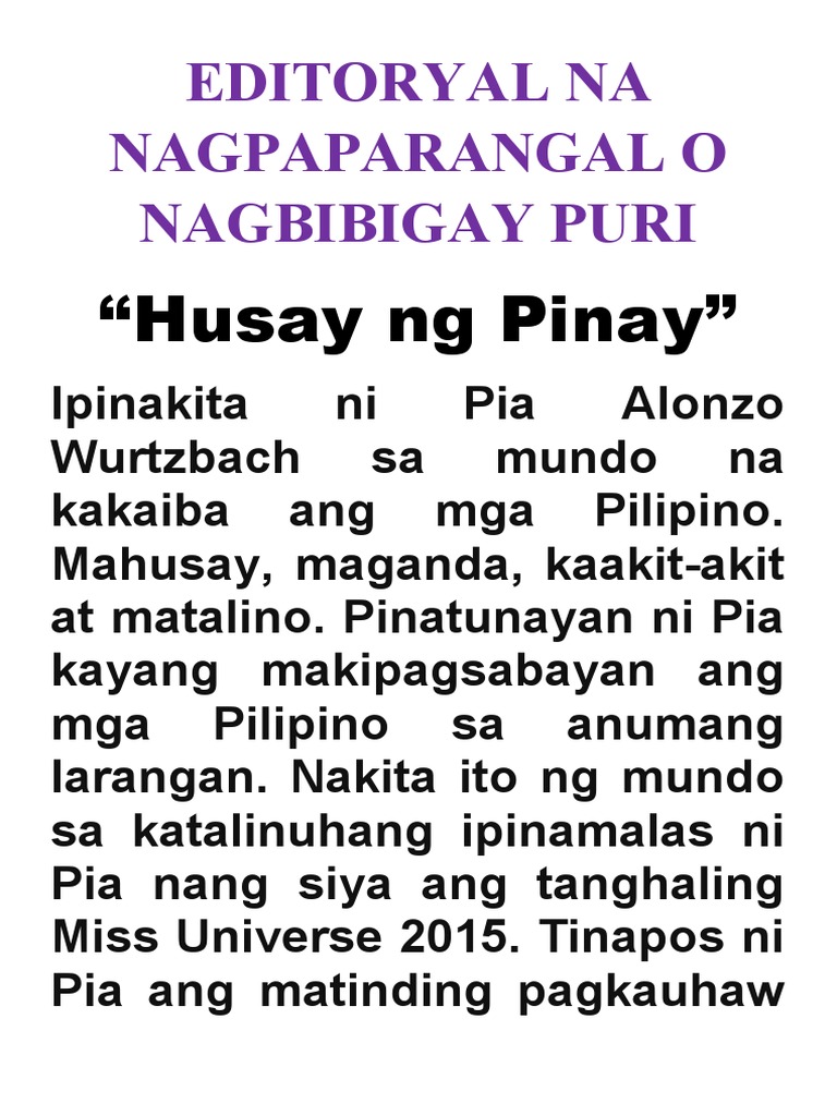 Editoryal Na Nagpaparangal o Nagbibigay Puri | PDF