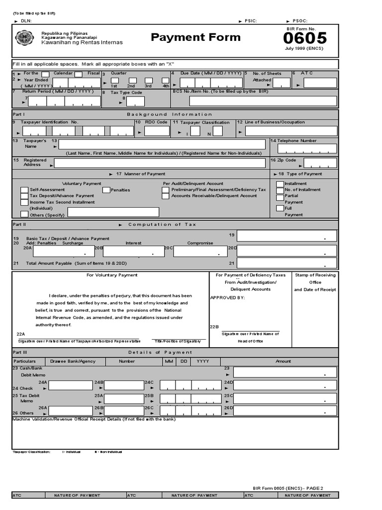 Bir Form 0605 | PDF | Taxes | Payments