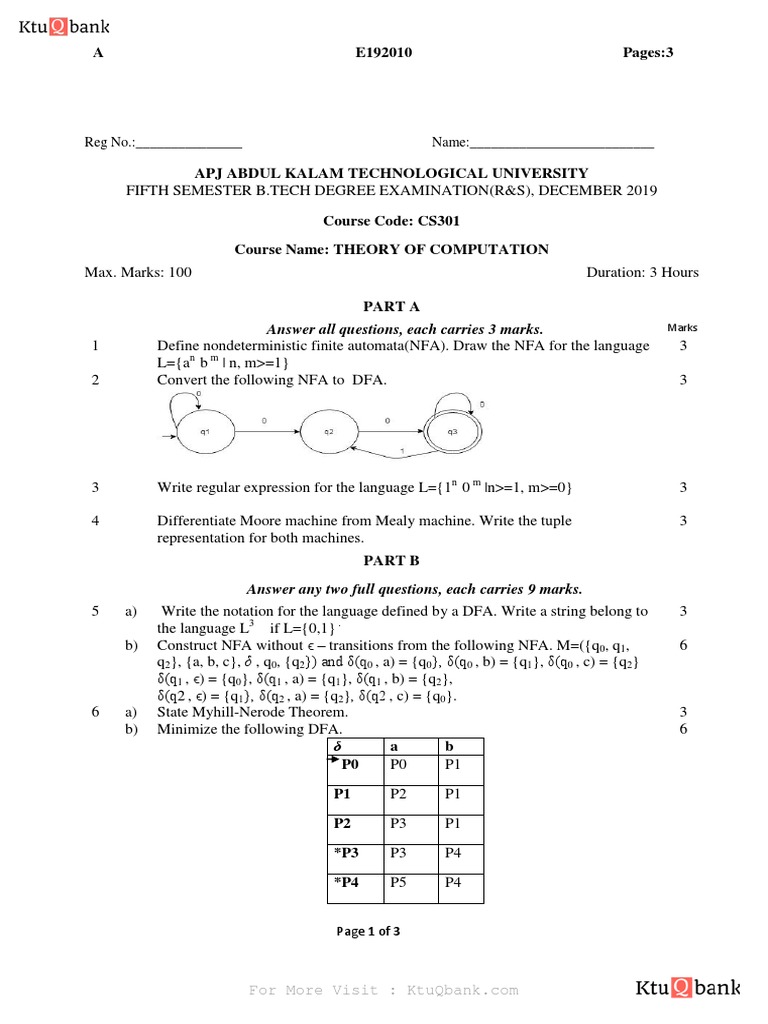 2019 Dec. CS301-E - Ktu Qbank | PDF | Applied Mathematics | Theory Of Computation