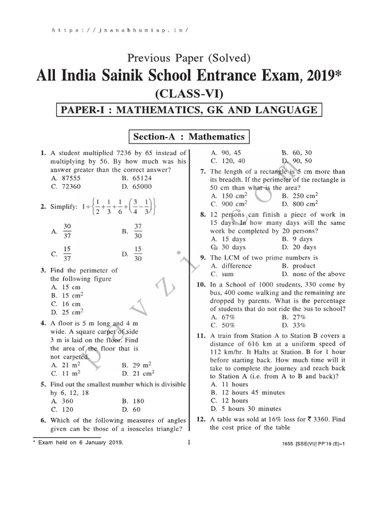 Sainik School Question Paper 2019 | PDF