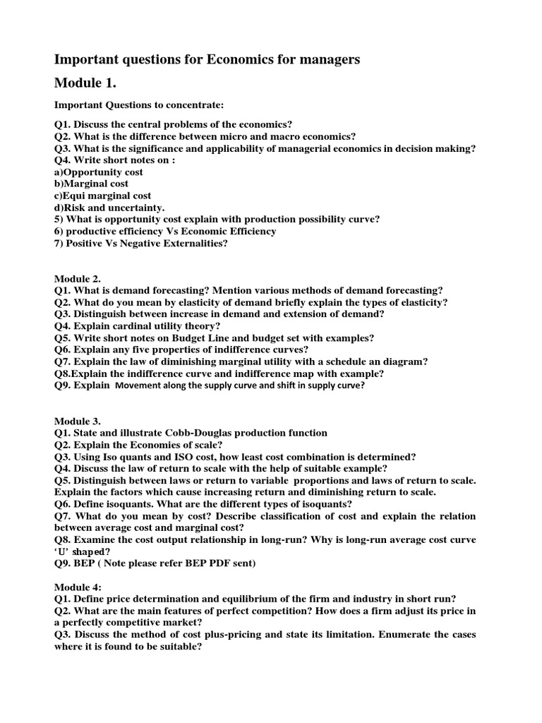 Important Questions Economics For Managers | PDF | Economics | Economies