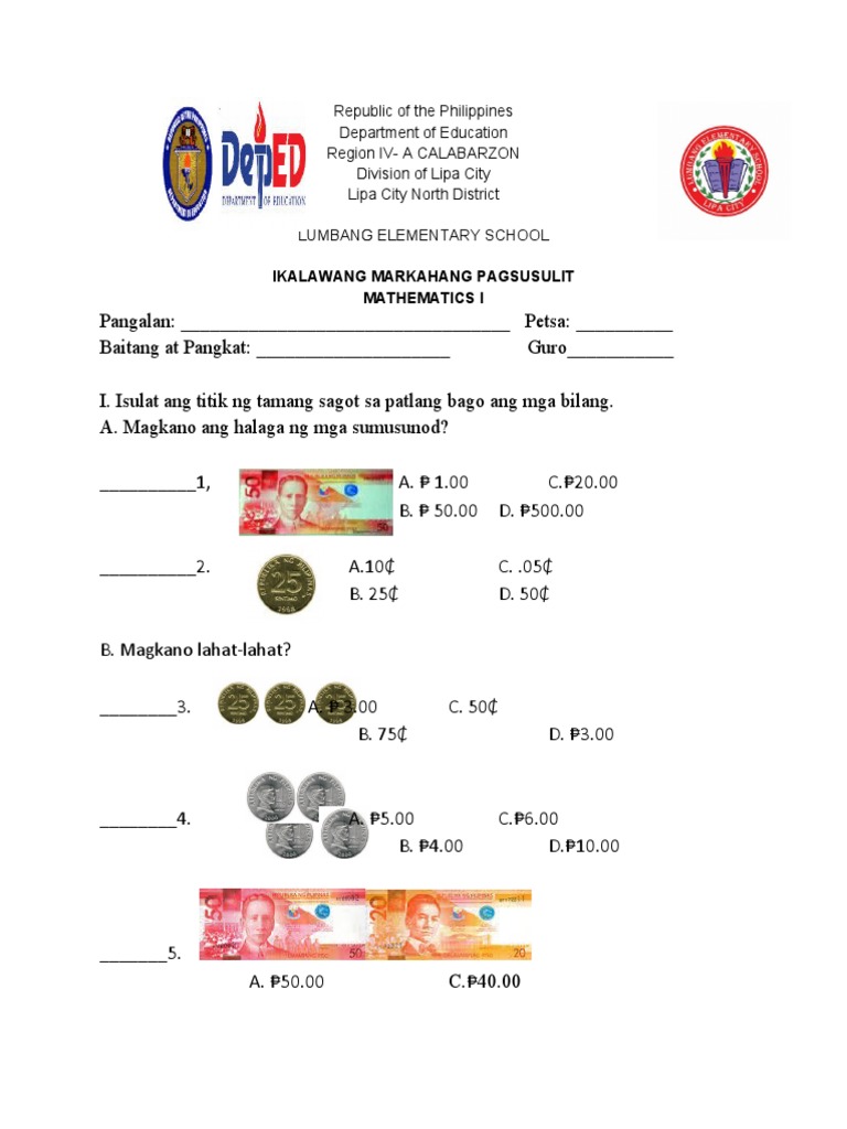 PT - Mathematics 1 - Q2 | PDF