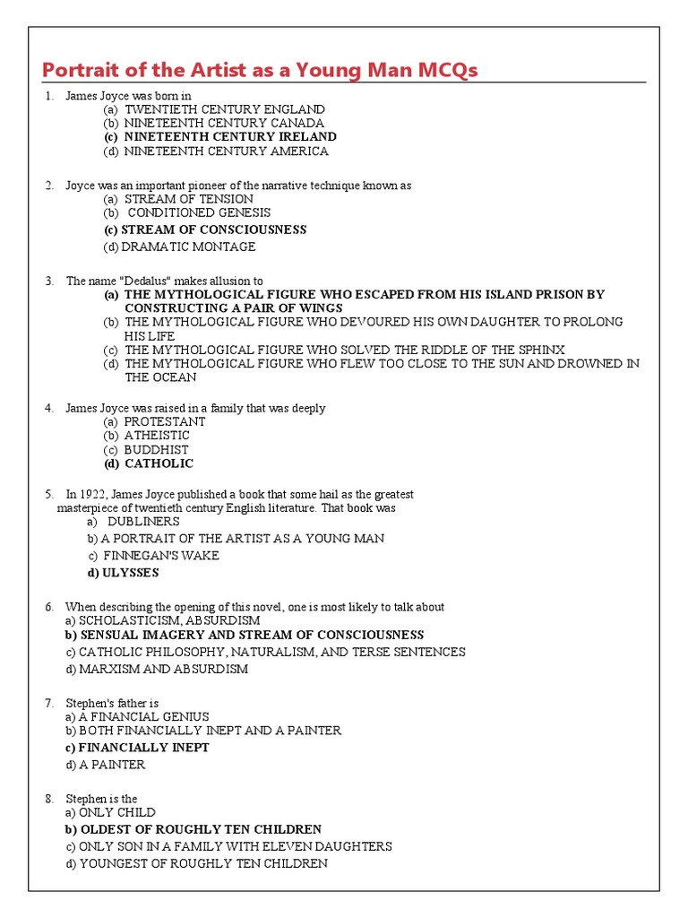 Portrait of The Artist As A Young Man MCQs | PDF | A Portrait Of The ...