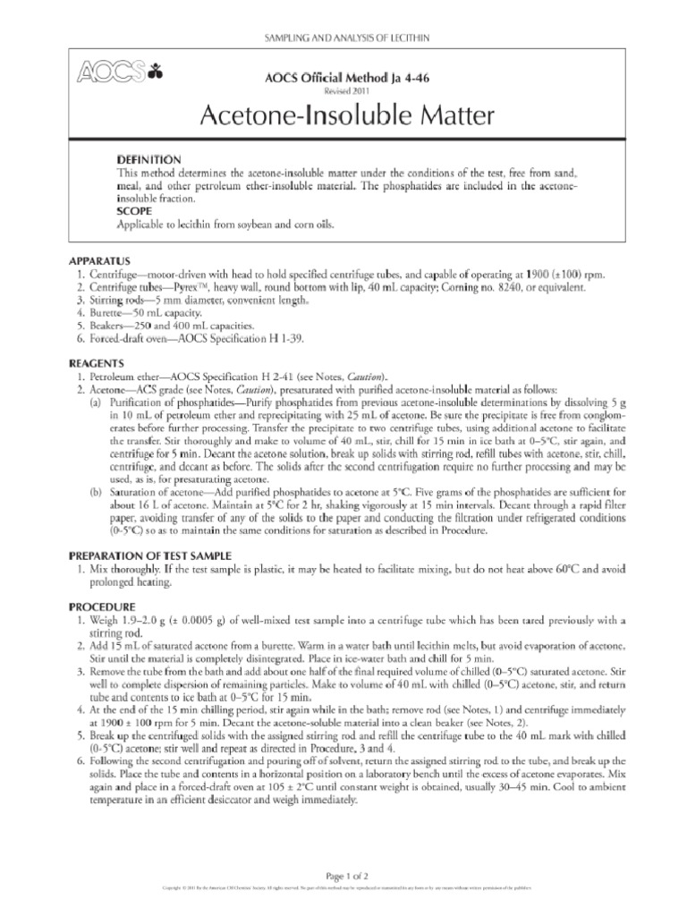 AOCS Official Method Ja 4-46 Acetone Insoluble Matter | PDF