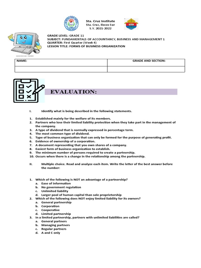 ABM 1 EVALUATION WEEK 4 and 5 | PDF | Partnership | Corporations