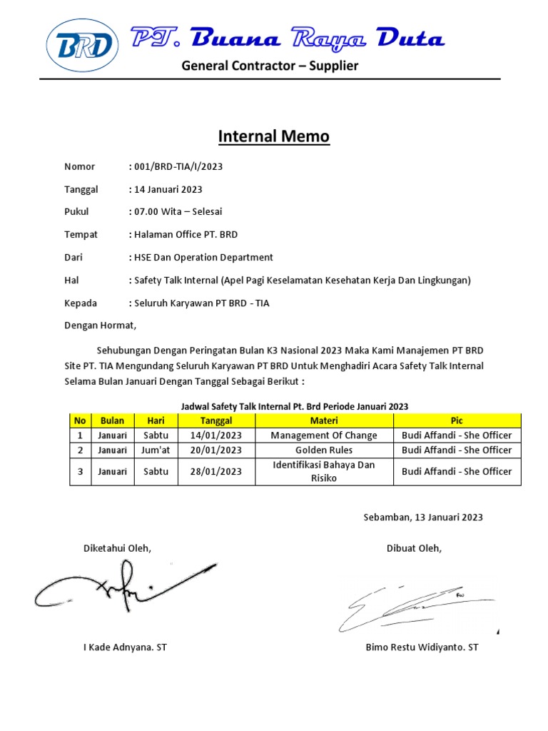 Internal Memo Safety Talk | PDF