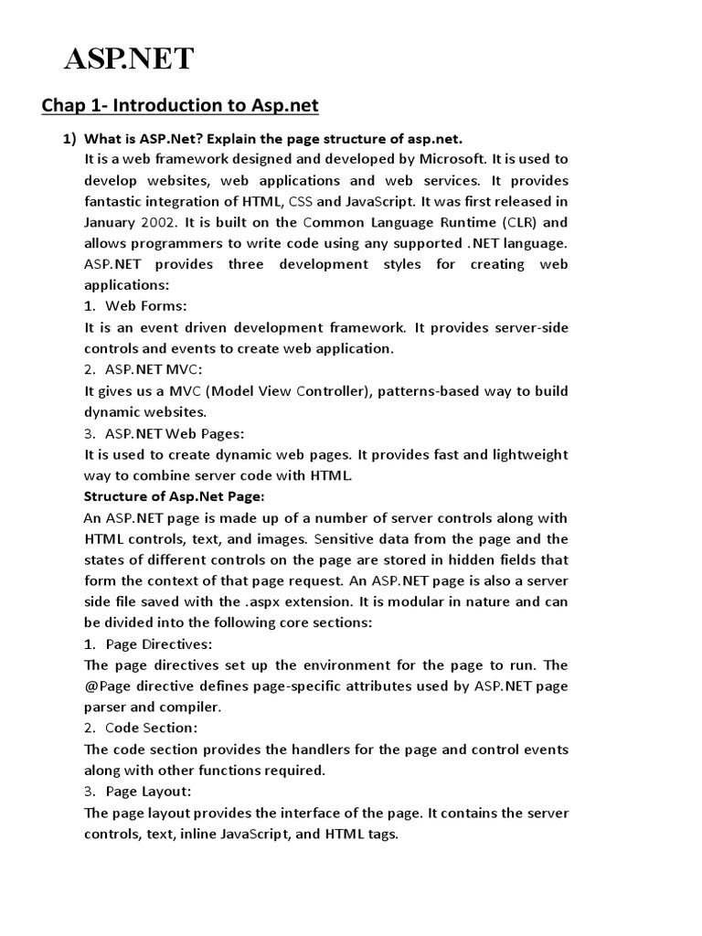 An Introduction To Asp Controls Page Structure And The Page Life Cycle Pdf Active