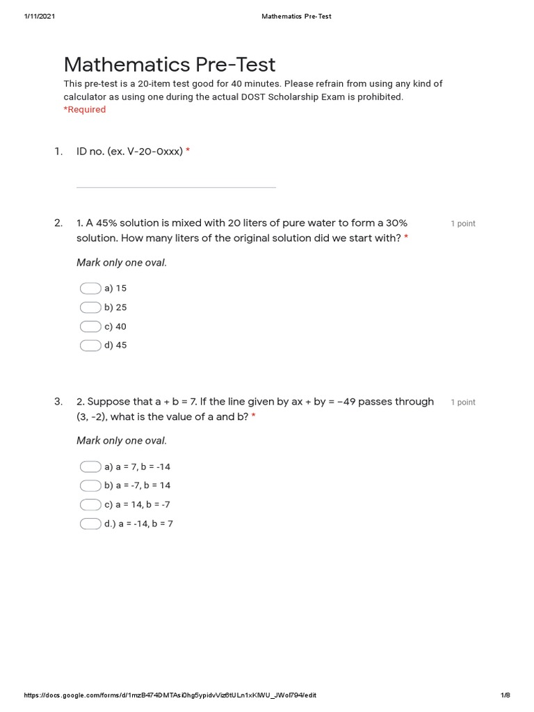 4.1 Mathematics Pre-Test | PDF | Mathematics | Elementary Geometry