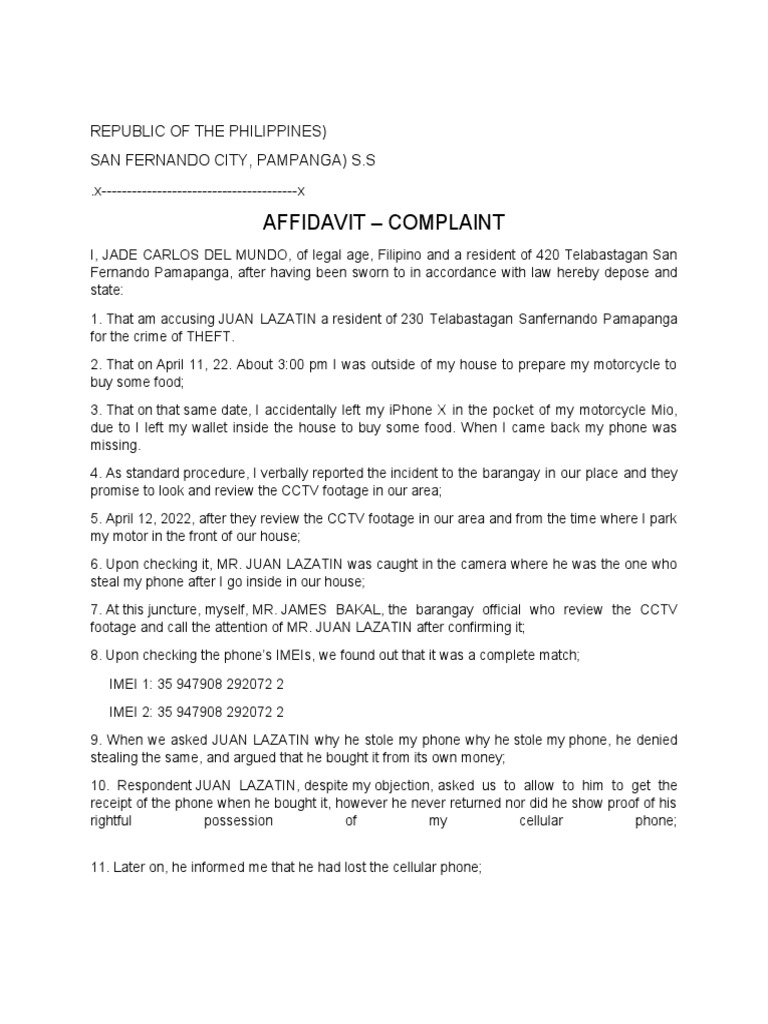 Affidavit of Complaint (Theft) | PDF | Theft | Crimes