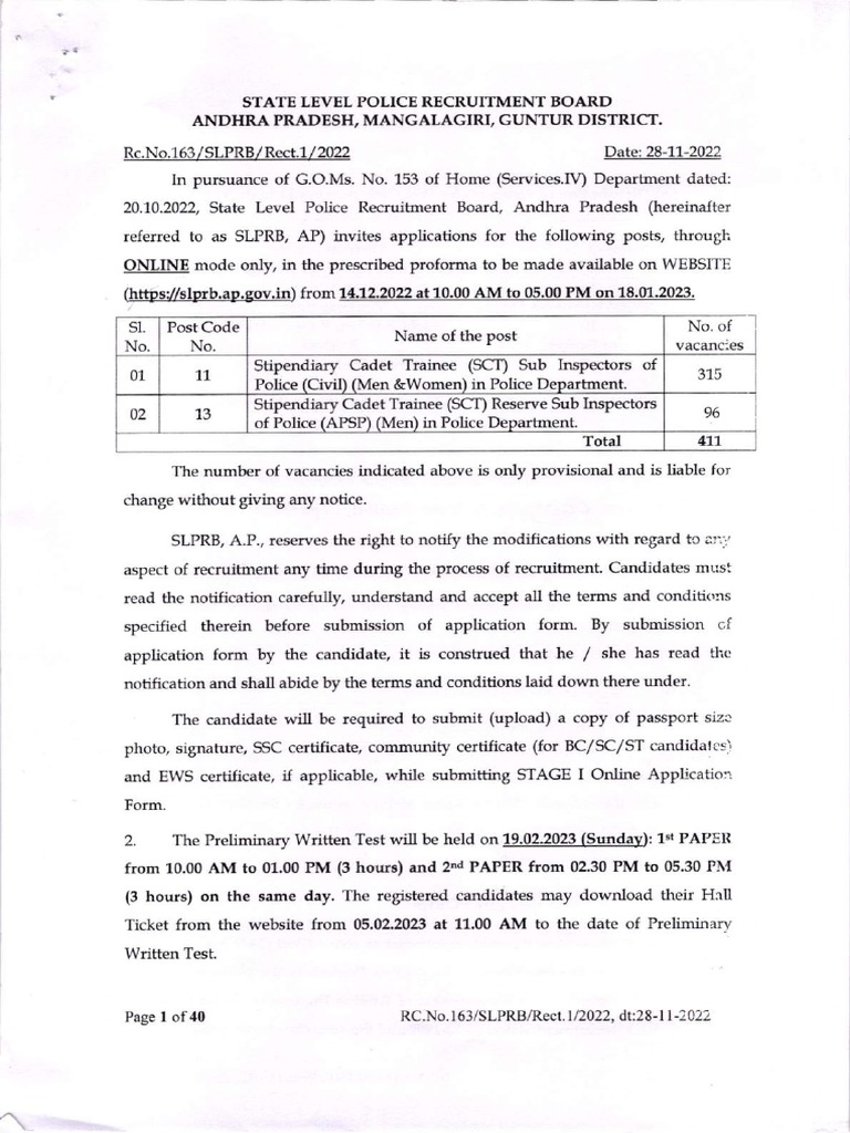 SLPRB - AP - SI - Notification | PDF