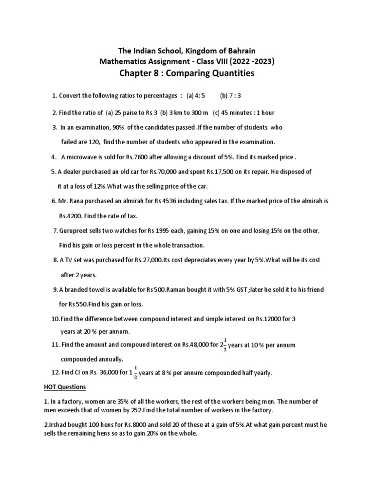 CH 8 Comparing Quantities Assignment (2022-23) | PDF