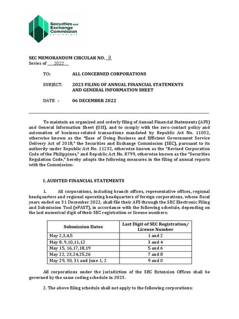 2022MC SEC MC No. 9 S. of 2022 2023 Filing of Annual Financial ...
