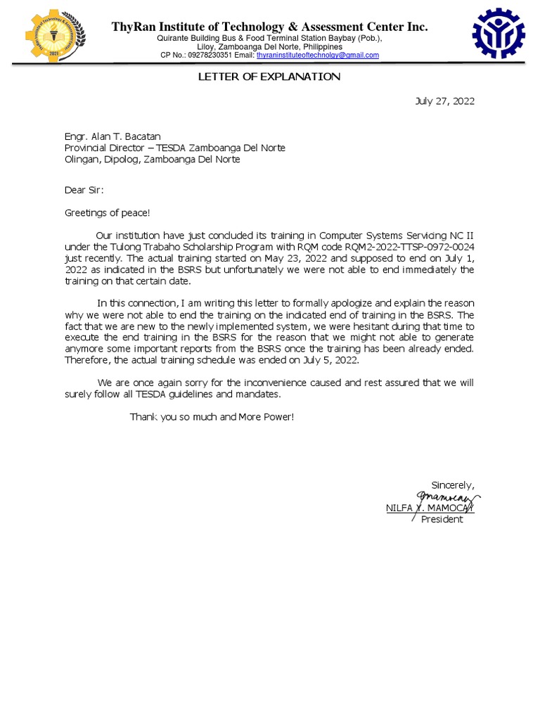 LETTER OF EXPLANATION On End of Training | PDF
