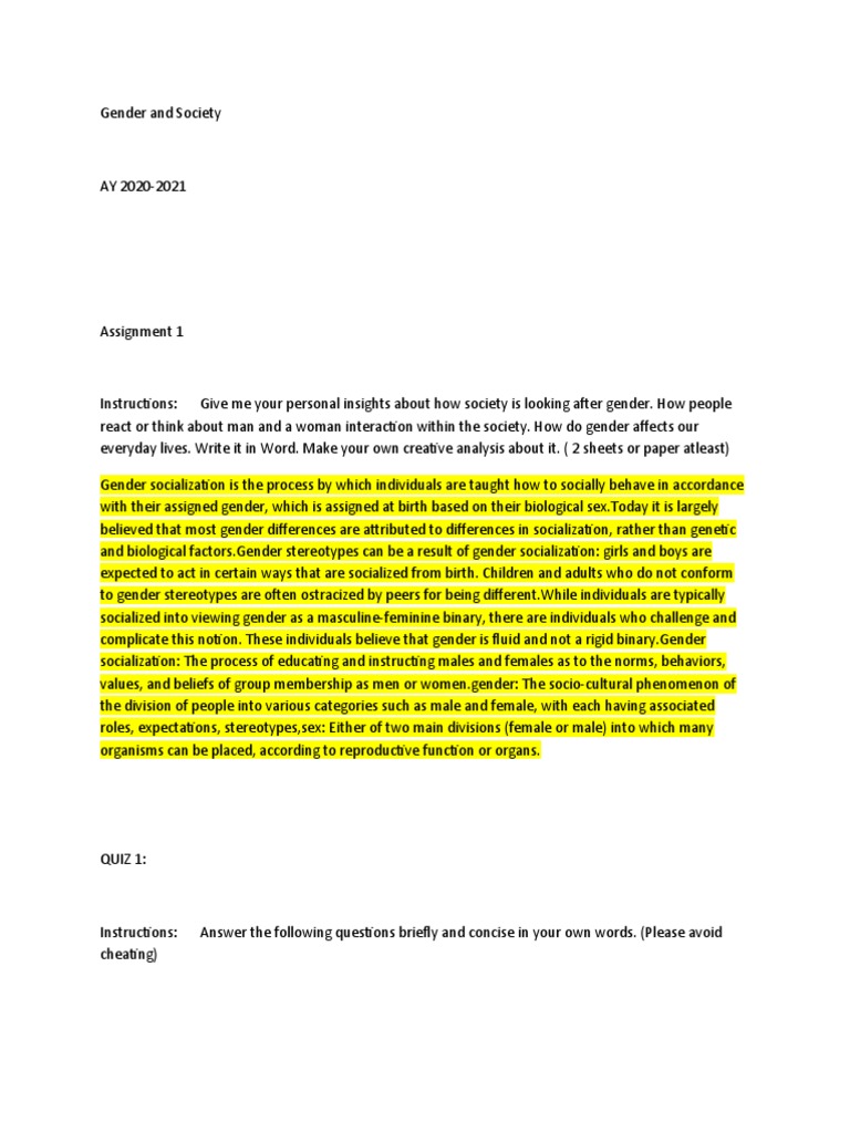 Assignment 1 Gender and Society | PDF | Gender Studies | Gender