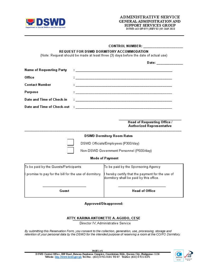 Dswd-As-Gf-075 - Rev 02 - Request For DSWD Dormitory Accomodation | PDF
