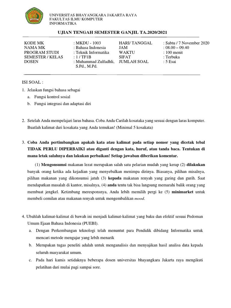 Form UTS 2020 1 Bahasa Indonesia (TF1B) | PDF