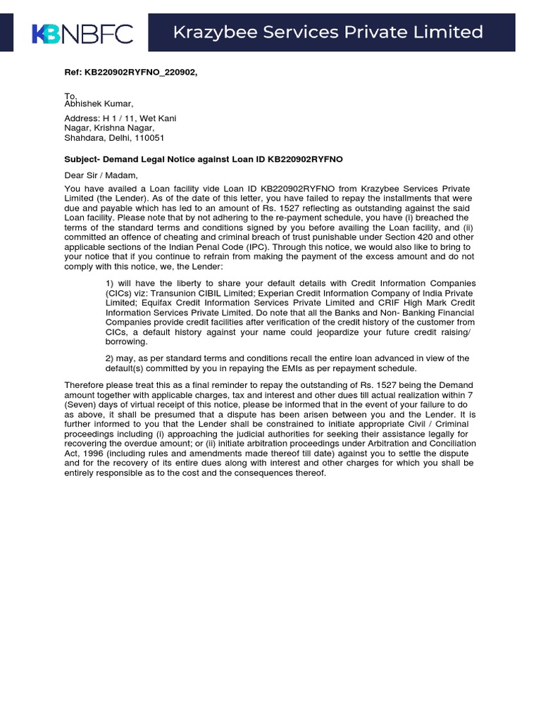 Final Legal Notice for Loan Default | PDF | Loans | Arbitration