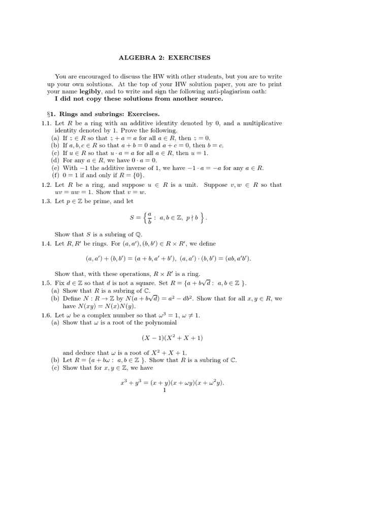 Alg 2 Exercises | PDF | Ring (Mathematics) | Field (Mathematics) Alg 2 Exercises | PDF | Ring (Mathematics) | Field (Mathematics)