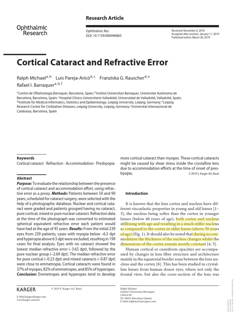 Cortical Cataract and Refractive Error | PDF | Cataract | Myopia