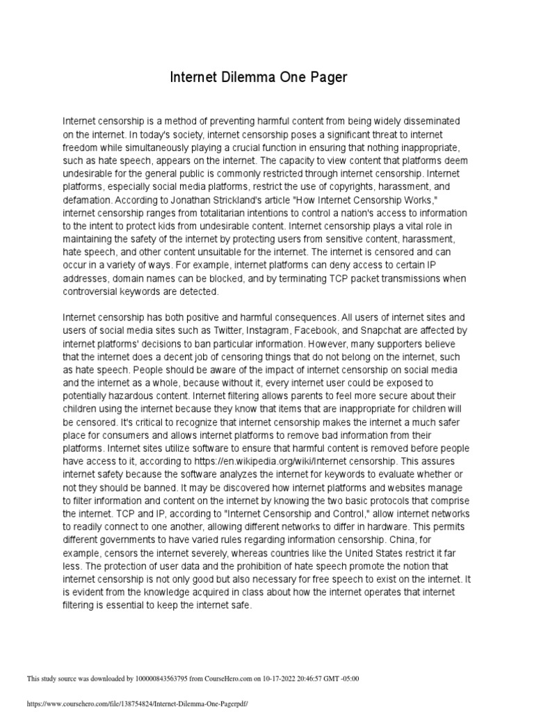 Internet Dilemma One Pager PDF | PDF | Internet | Censorship