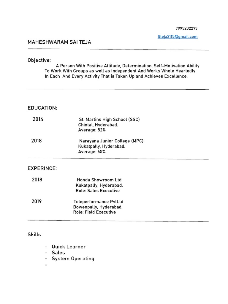 Sai Teja's Resume and Skills Overview | PDF | Business