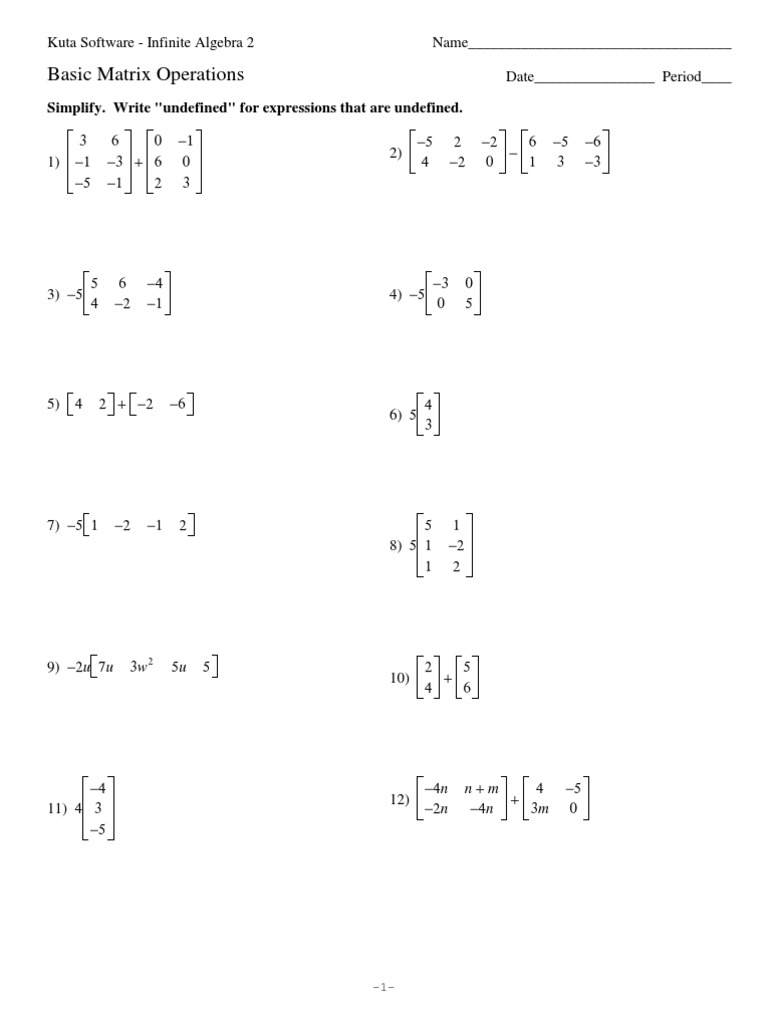 Basic Matrix Operations Worksheet | PDF