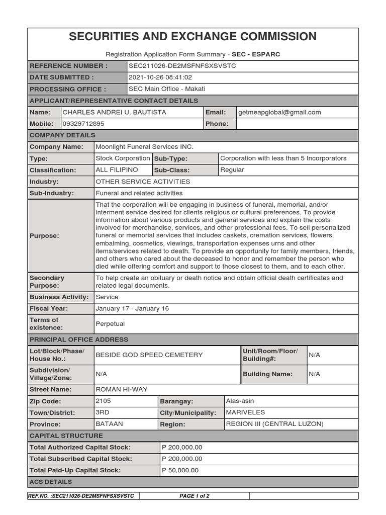 Funeral Services Corp Registration | PDF | Funeral | Death Customs