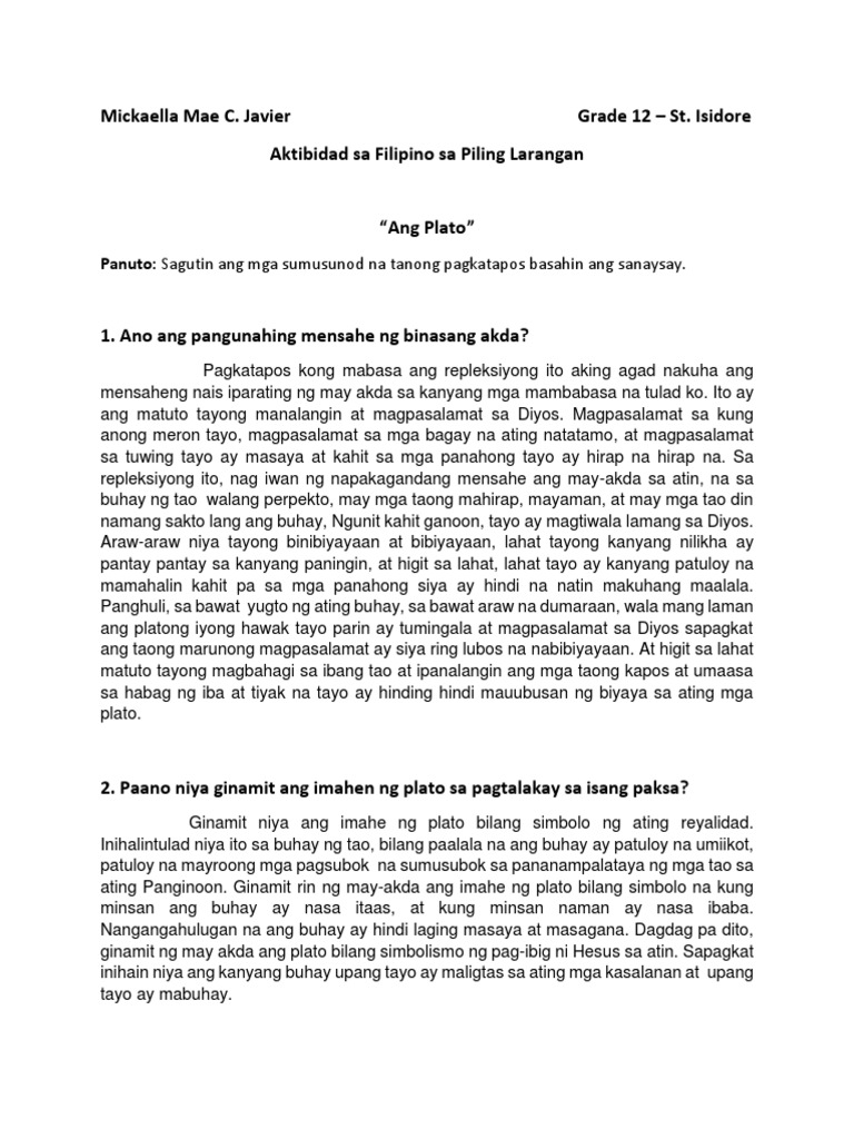 Mickaella Mae C. Javier Ang Plato | PDF