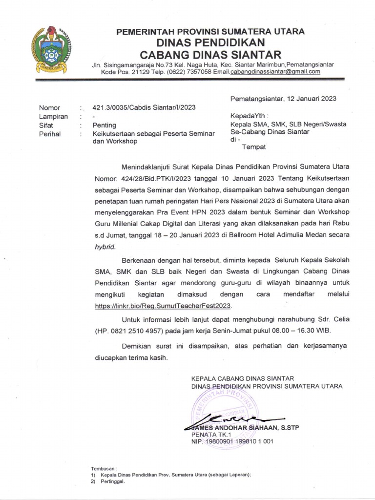 Surat Keikutsertaan Seminar Dan Workshop Guru Milenial | PDF