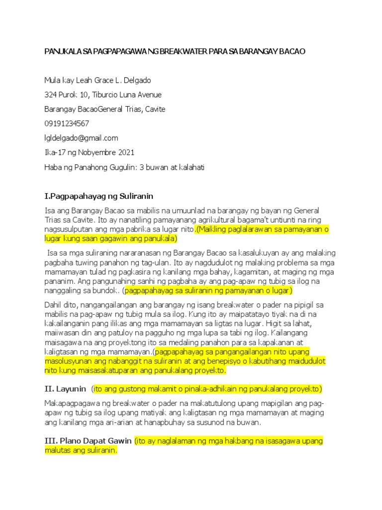 Panukala Sa Pagpapagawa NG Breakwater para Sa Barangay Bacao | PDF