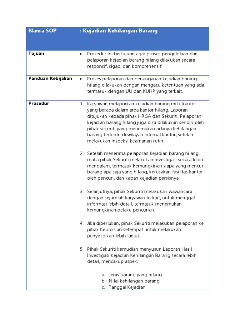 SOP Penanganan Kehilangan Barang | PDF