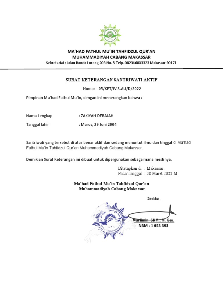 Surat Keterangan Aktif Pondok Zakiah 2022 | PDF