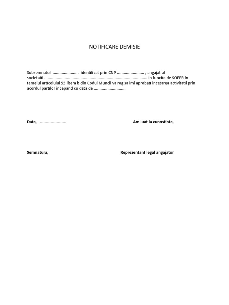 Model Cerere Demisie Fara Preaviz | PDF